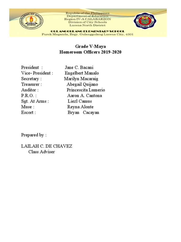 Homeroom Pta Officers 2019-2020 Grade 5 | PDF | Agenda (Meeting) | Meetings