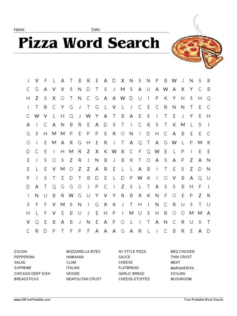 Pizza Word Search: Name: Date | PDF | Pizza | Baked Goods