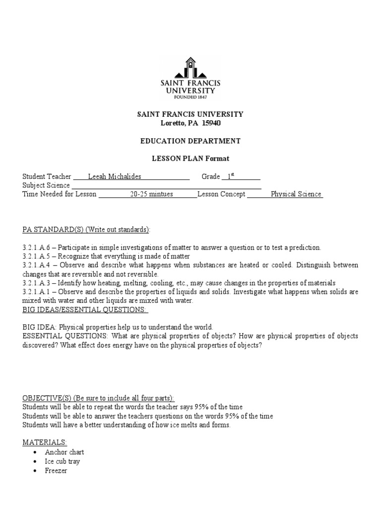 Saint Francis University Loretto, PA 15940 Education Department Lesson ...