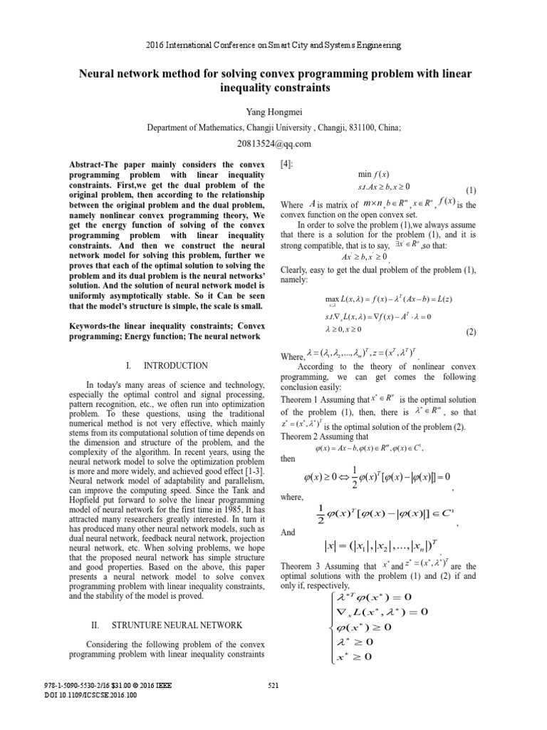 Neural Network Method For Solving Convex Programming Problem With Linear Inequality Constraints ...