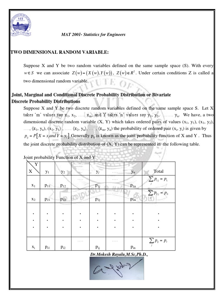 Two Dimensional Random Variable | PDF | Probability Distribution | Random Variable