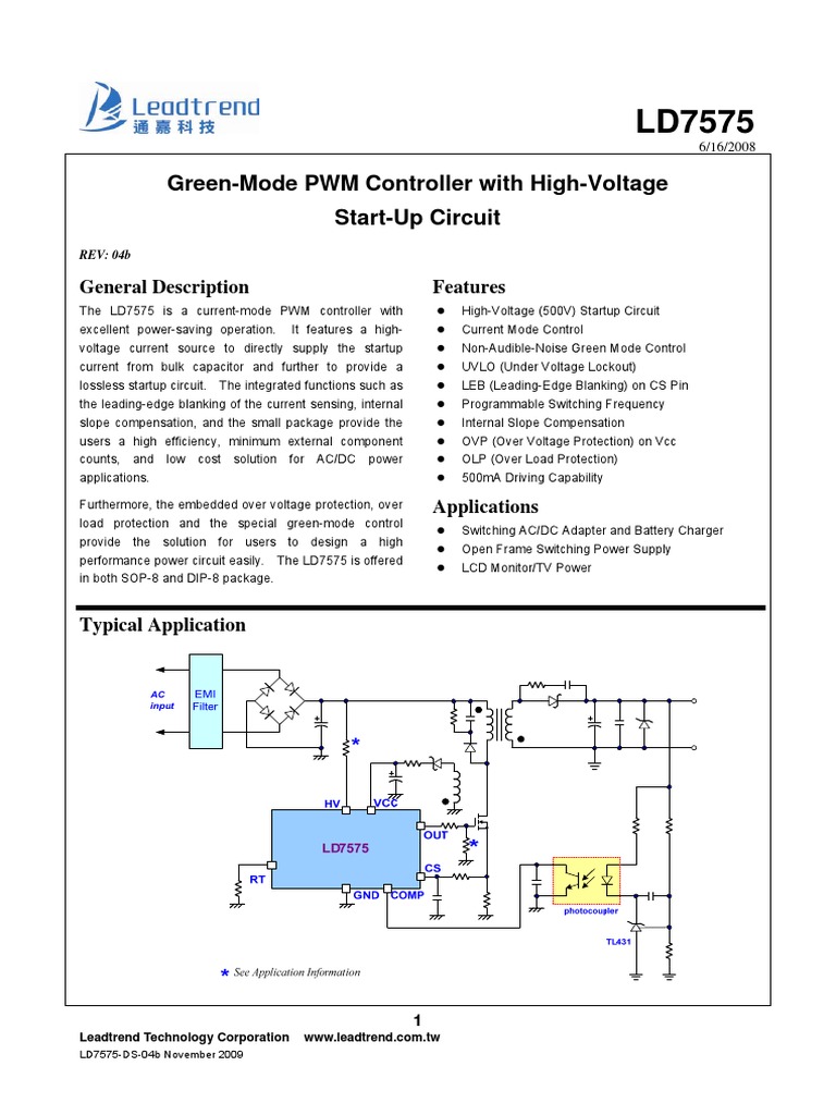 Green-Mode PWM Controller with High-Voltage Start-Up Circuit: Technical Specifications and ...