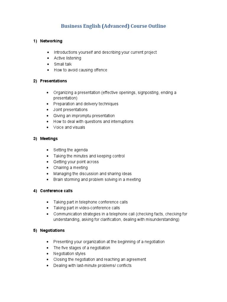 Advanced Business English Course Outline | PDF