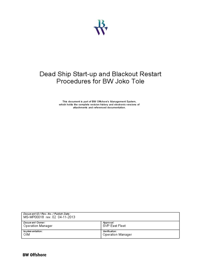 Dead Ship Recovery Procedures for BW Joko Tole | PDF | Steam ...