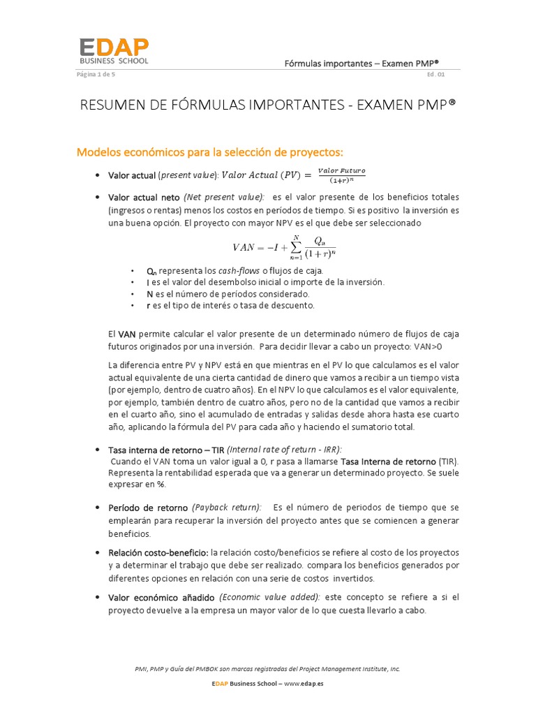 FORMULAS EXAMEN PMP v1 | PDF | Inversiones | Economía Financiera