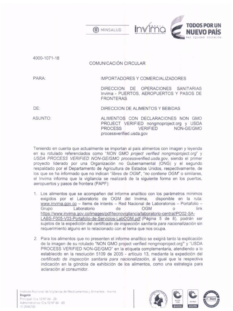 Circular Externa 4000 1071 18 Alimentos Con Declaraciones NON GMO ...