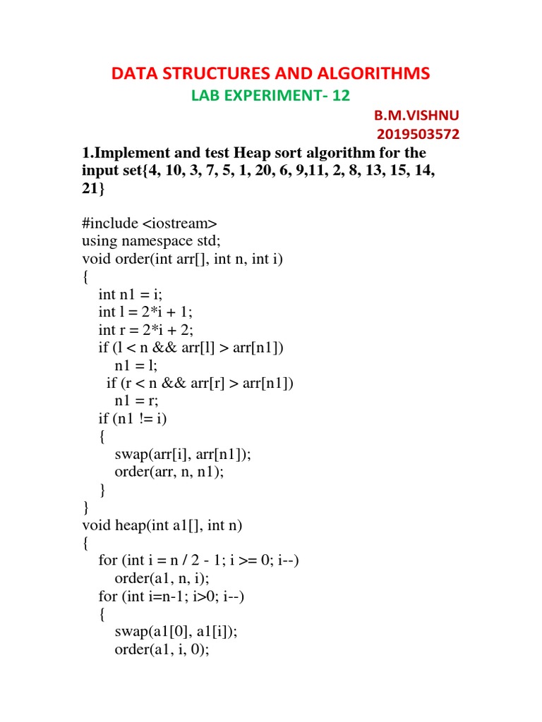 Data Structures and Algorithms: Lab Experiment-12 | PDF | Theoretical ...