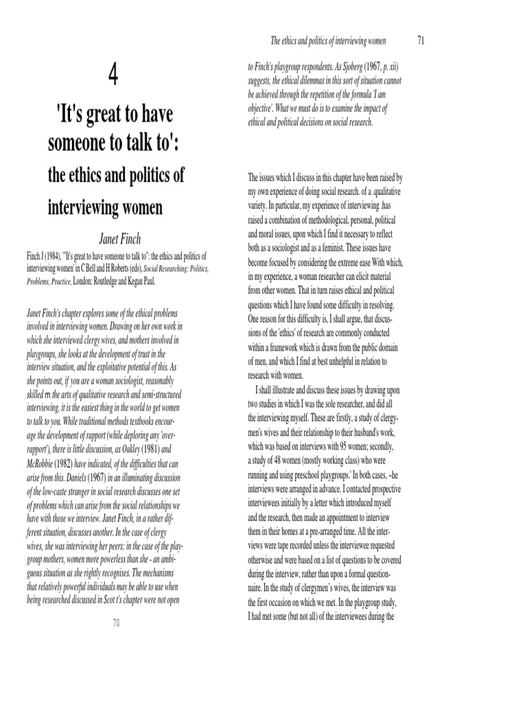 Ethics of Interviewing Women | PDF | Interview | Sociology