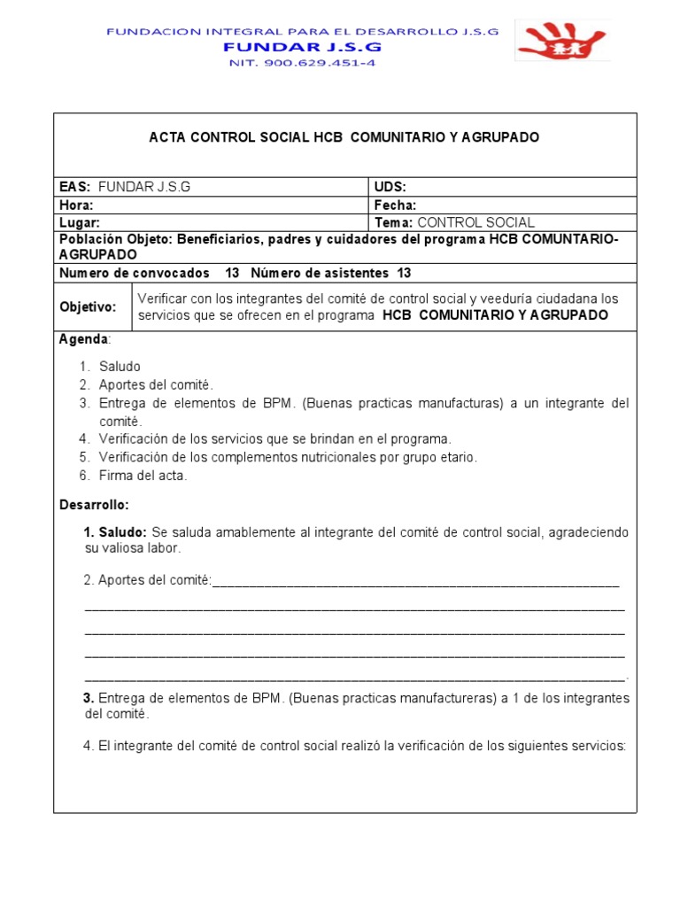 Acta Control Social HCB Comunitario - Agrupado - Junio | PDF | Business