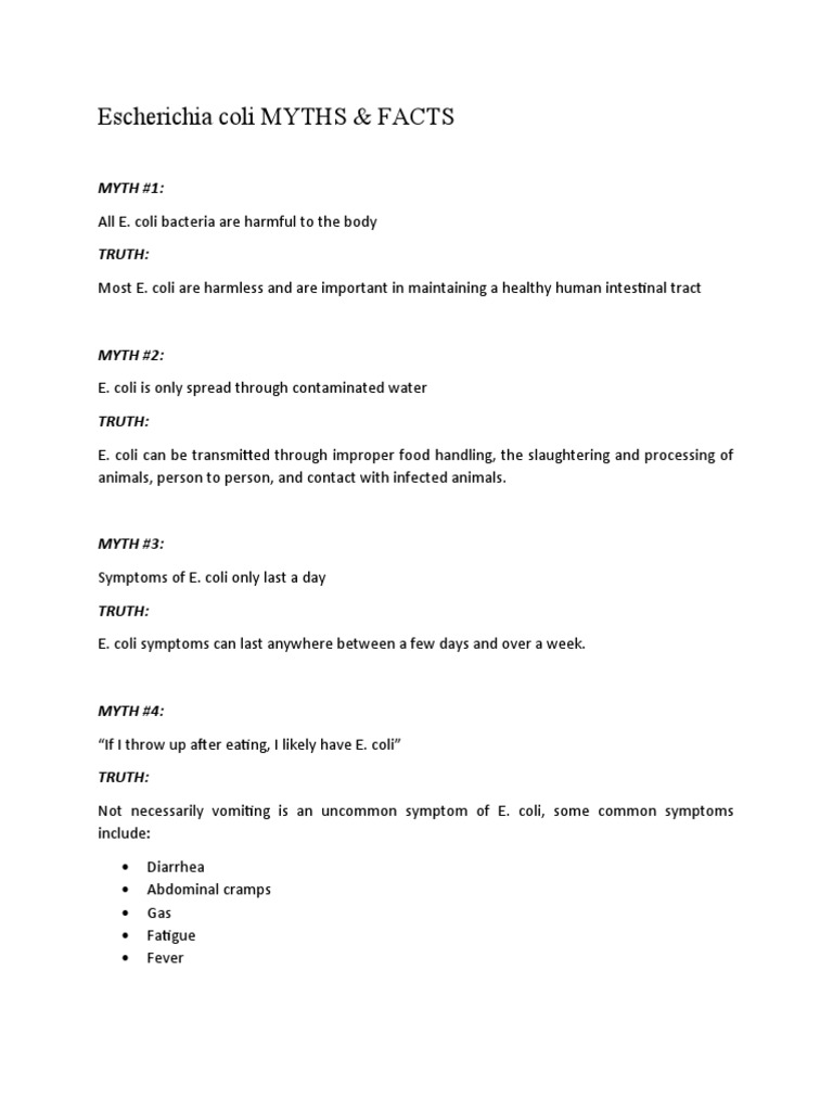 Escherichia Coli MYTHS FACTS | PDF | Escherichia Coli | Urinary Tract ...