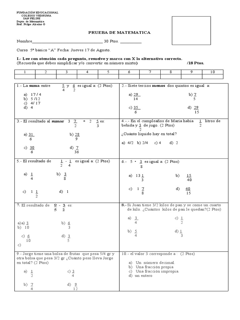 Prueba de Mat. Fracc | PDF | Fracción (Matemáticas) | Enseñanza de matemática