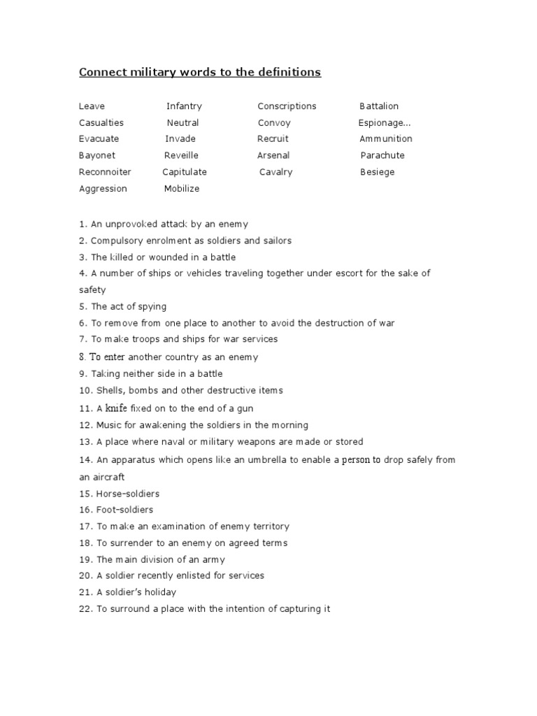 Connect Military Words To The Definitions | PDF