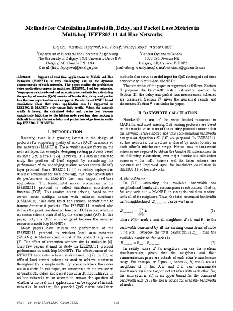 Methods For Calculating Bandwidth, Delay, and Packet Loss Metrics in Multi-Hop IEEE802.11 Ad Hoc ...