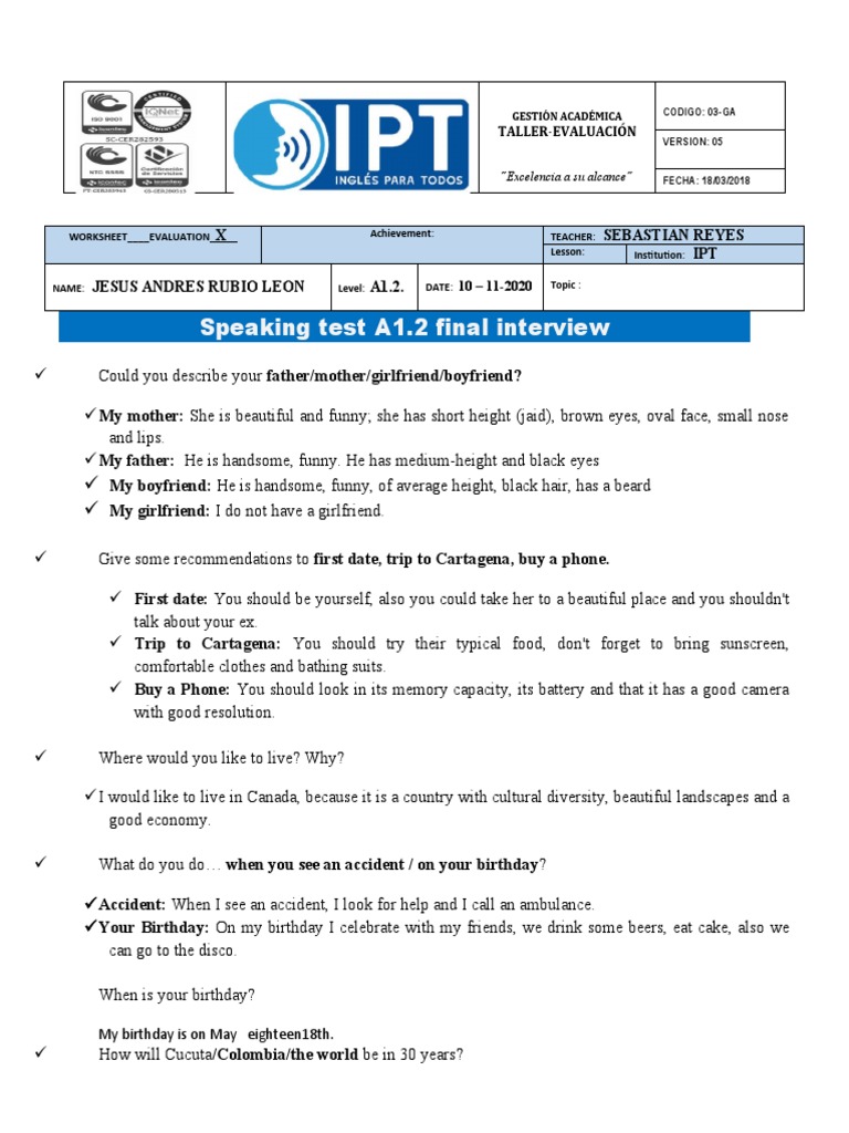 Speaking Test A1.2 Final Interview: X Sebastian Reyes IPT Jesus Andres ...