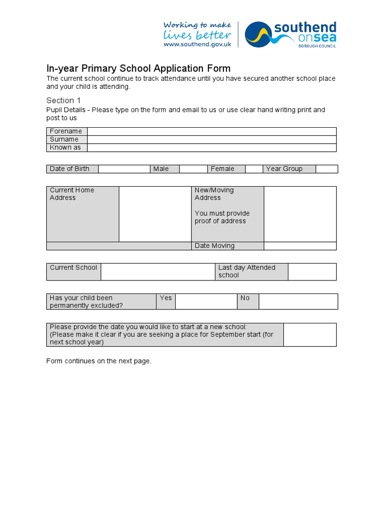 In-Year Primary School Application Form: Section 1 | PDF | Privacy ...