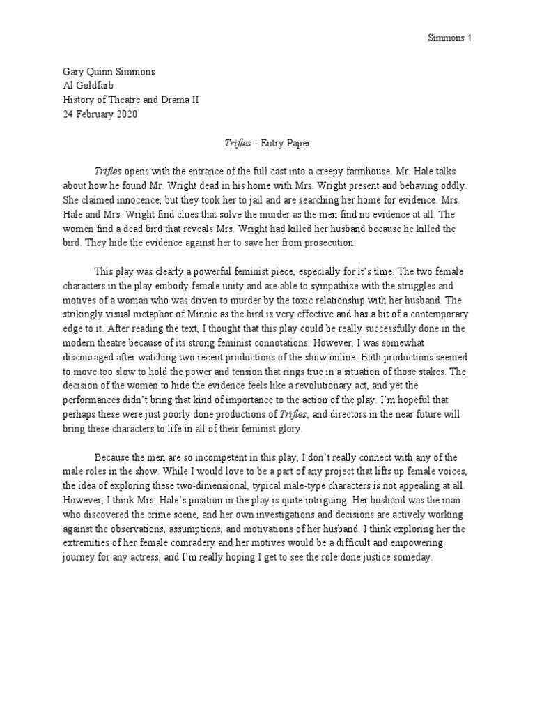 Trifles - Entry Paper Trifles Opens With The Entrance of The Full Cast ...