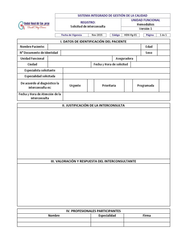 SIGC-HEM-Rg-01 - Solicitud de Interconsulta | PDF