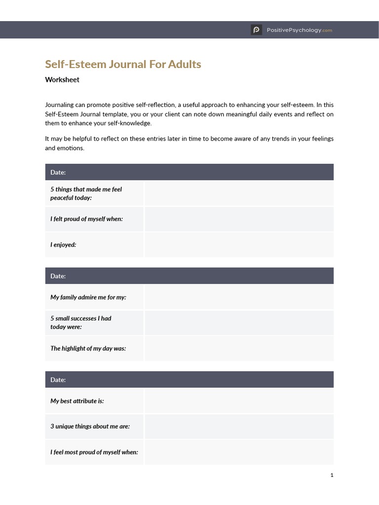 Self-Esteem Journal For Adults: Worksheet | PDF