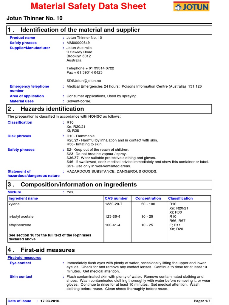 SDS - Jotun Thinner No. 10 - Marine - Protective - English (Uk ...