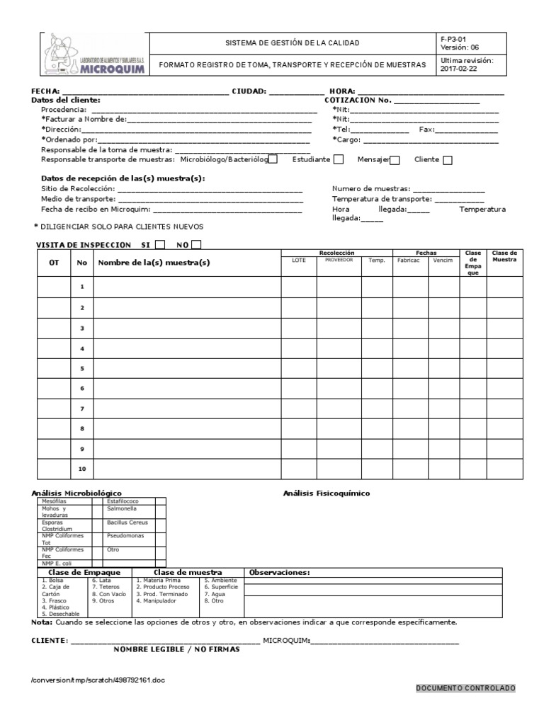 F-P3-01 Formato de Registro Toma, Transporte y Recepción de Muestras ...