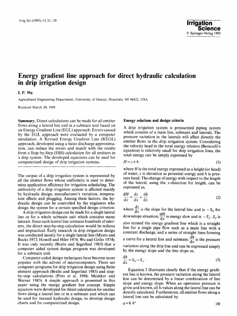 Energy Gradient Line Approach For Direct Hydraulic Calculation in Drip ...