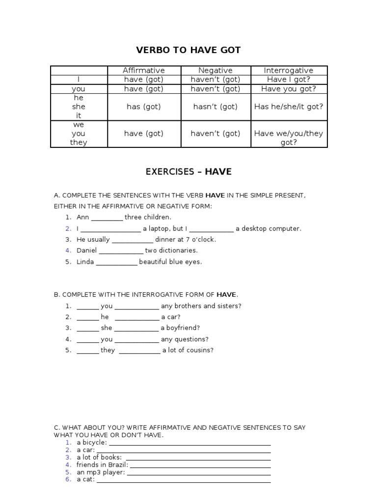 Simple Present: Verb "To Have" Exercises | PDF