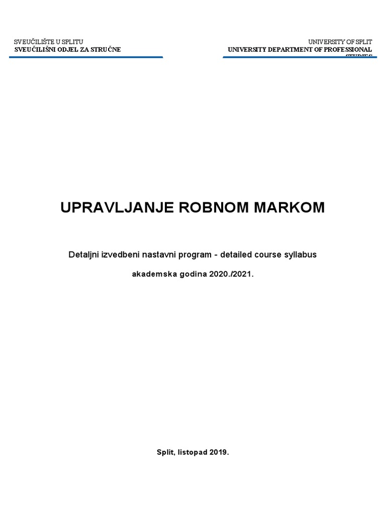 Syllabus - Upravljanje Robnom Markom 2020 - 21 | PDF