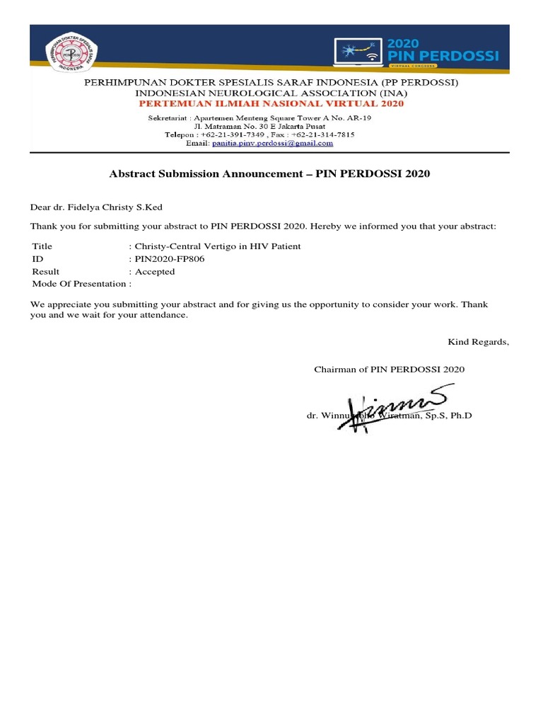 Abstract Submission Announcement - PIN PERDOSSI 2020 | PDF