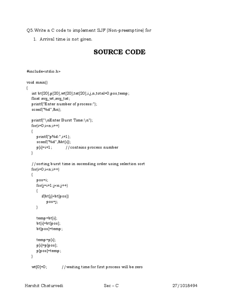 Source Code: Q5.Write A C Code To Implement SJF (Non-Preemptive) For 1 ...
