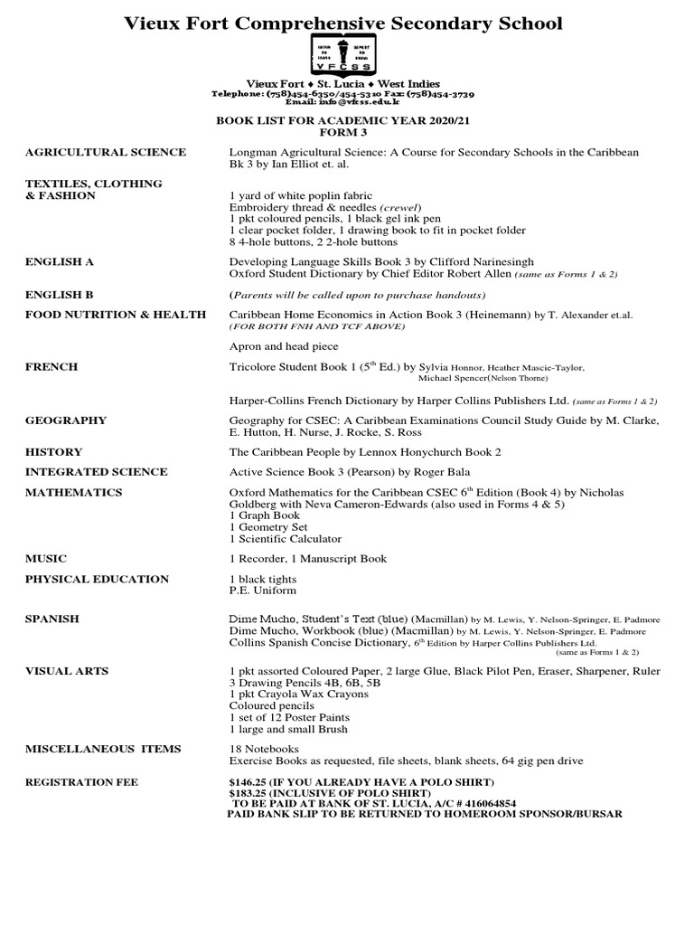 VFCSS Form 3 Booklist 2020 21 PDF | PDF | Stationery | Clothing