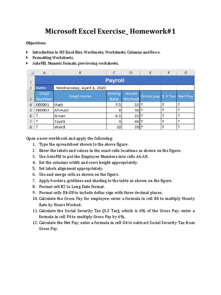 Excel Homework: Basic Formatting & Formulas | PDF