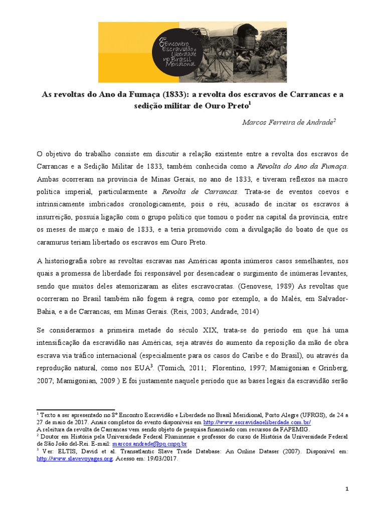 Revolta de Carrancas e Sedição de 1833 | PDF | Escravidão | Brasil
