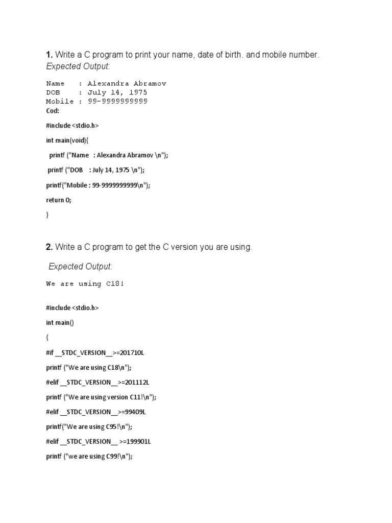 Expected Output:: 1. Write A C Program To Print Your Name, Date of ...