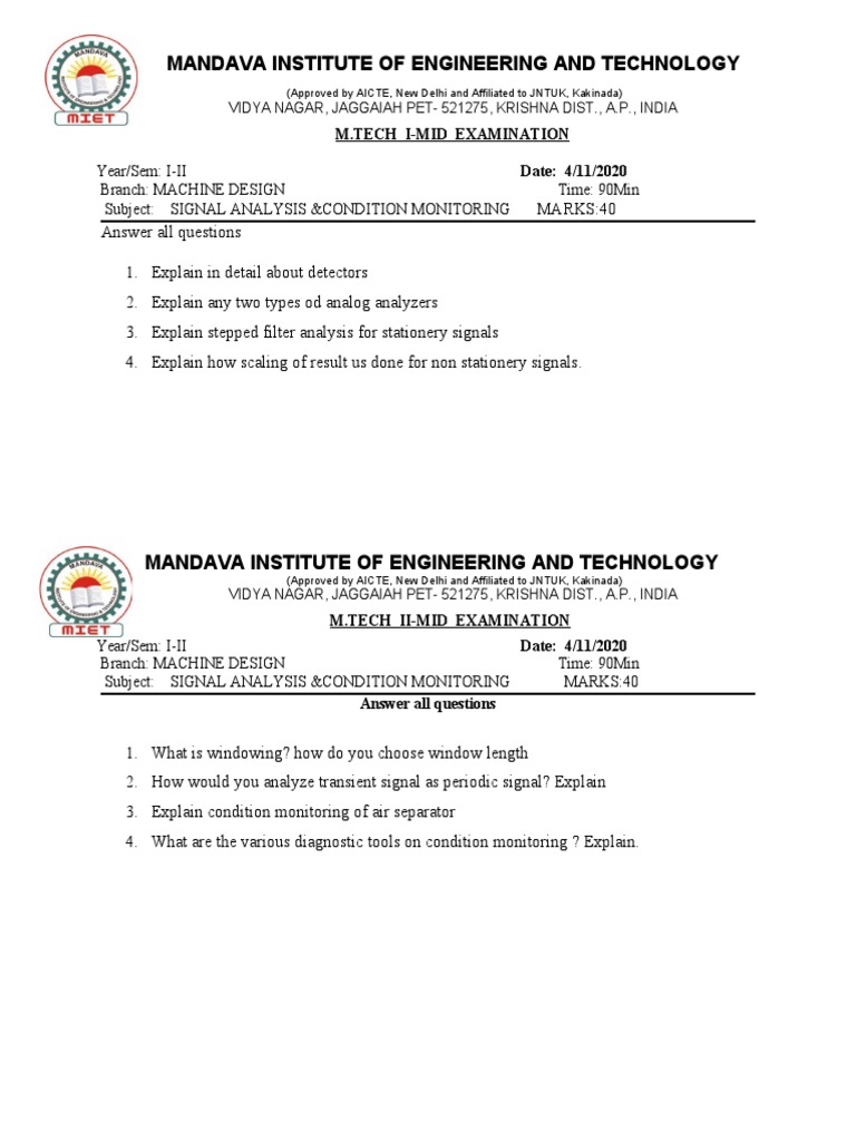 Signal Analysis & Condition Monitoring Exam | PDF