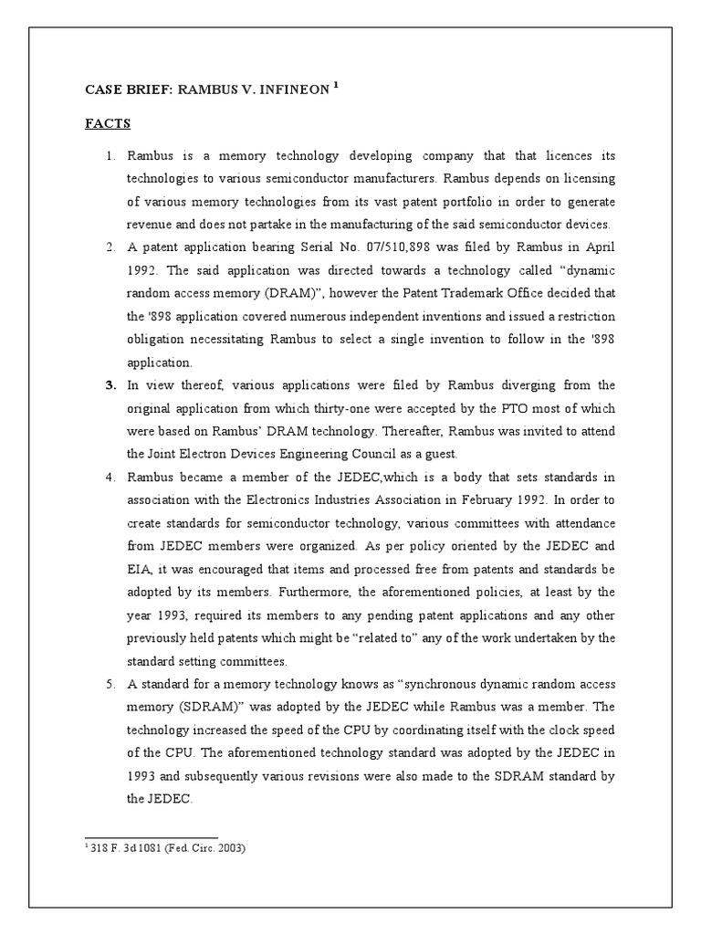 Case Brief: Facts: Rambus V. Infineon | PDF | Government Information ...