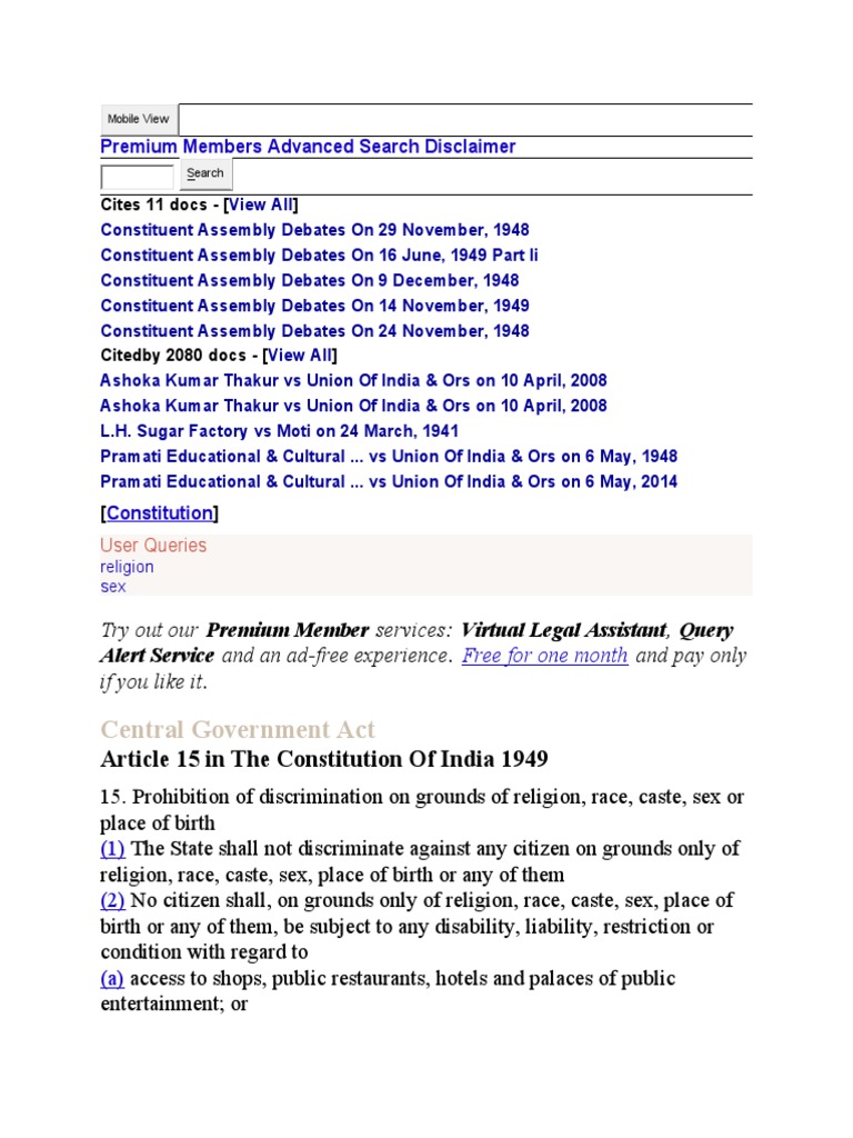 Central Government Act: Article 15 in The Constitution of India 1949 ...