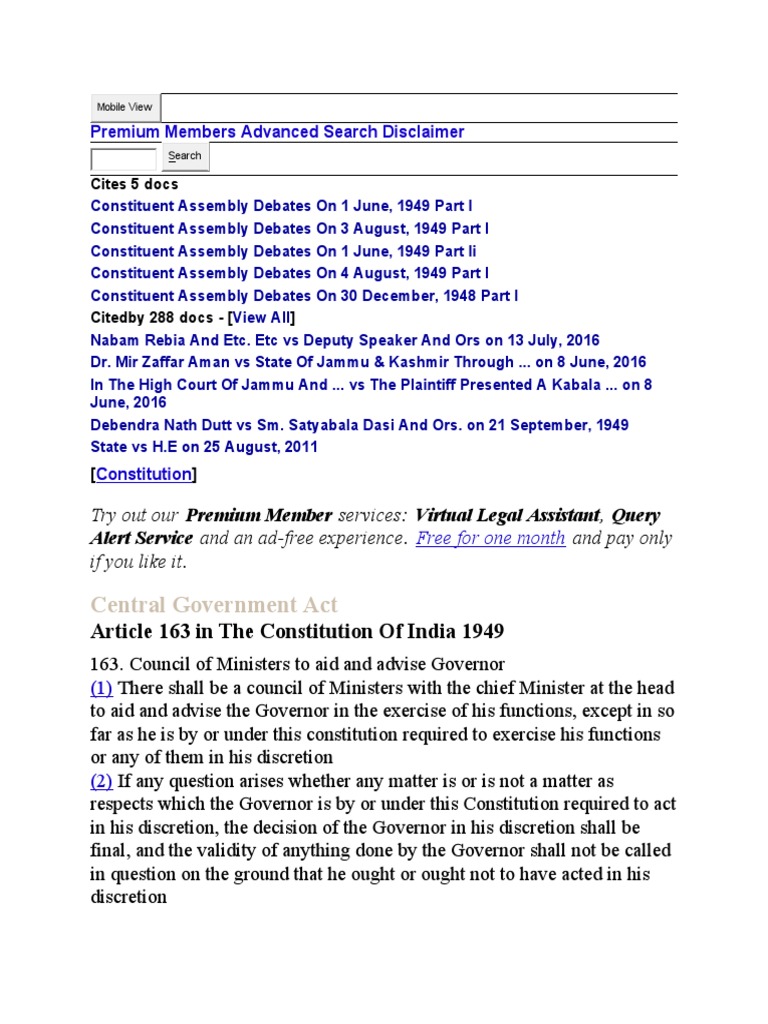 Central Government Act: Article 163 in The Constitution of India 1949 | PDF