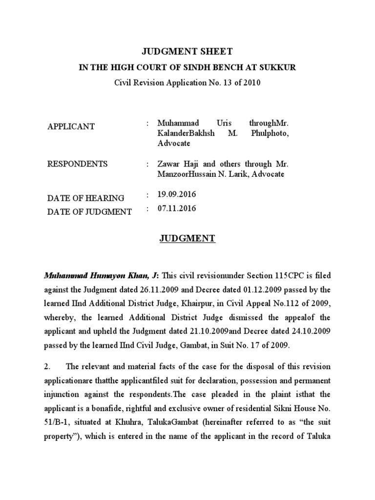 Judgment Sheet: in The High Court of Sindh Bench at Sukkur | Download ...