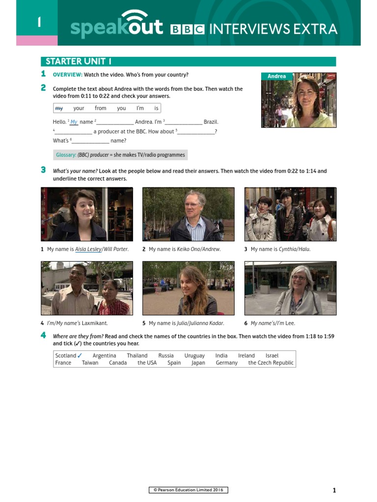 Interviews Extra: Starter Unit 1 | PDF