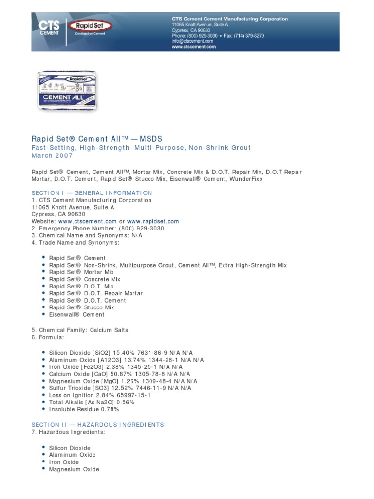 CementAll MSDS PDF | PDF | Oxide | Cement