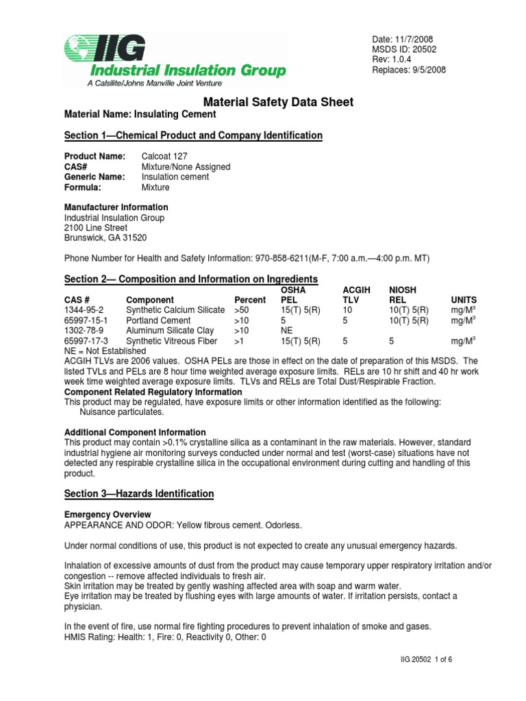 Calcoat 127 MSDS Overview | PDF | Silicon Dioxide | Personal Protective ...
