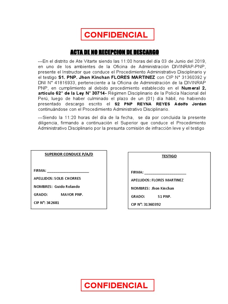 ACTA DE NO RECEPCION DE DESCARGO S2 PNP REYNA REYES Adolfo Jordan | PDF