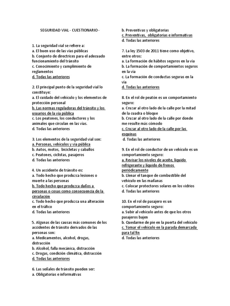 SEGURIDAD VIAL Cuestionario | PDF | Seguridad vial | Transporte de tierra