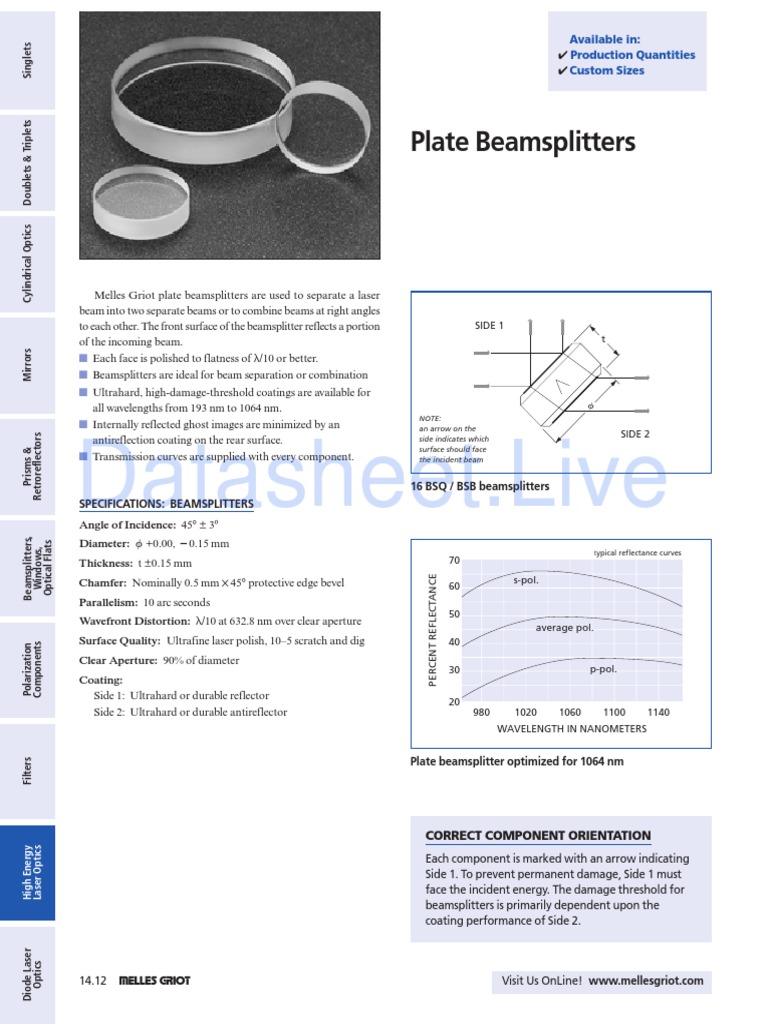 Melles Griot - High Energy Laser Optics - Plate Beamsplitters | PDF | Mirror | Optics