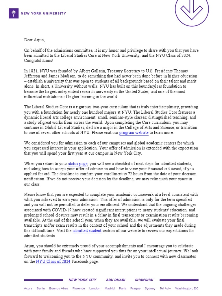 Congratulations on your admission to NYU Liberal Studies Core | PDF ...