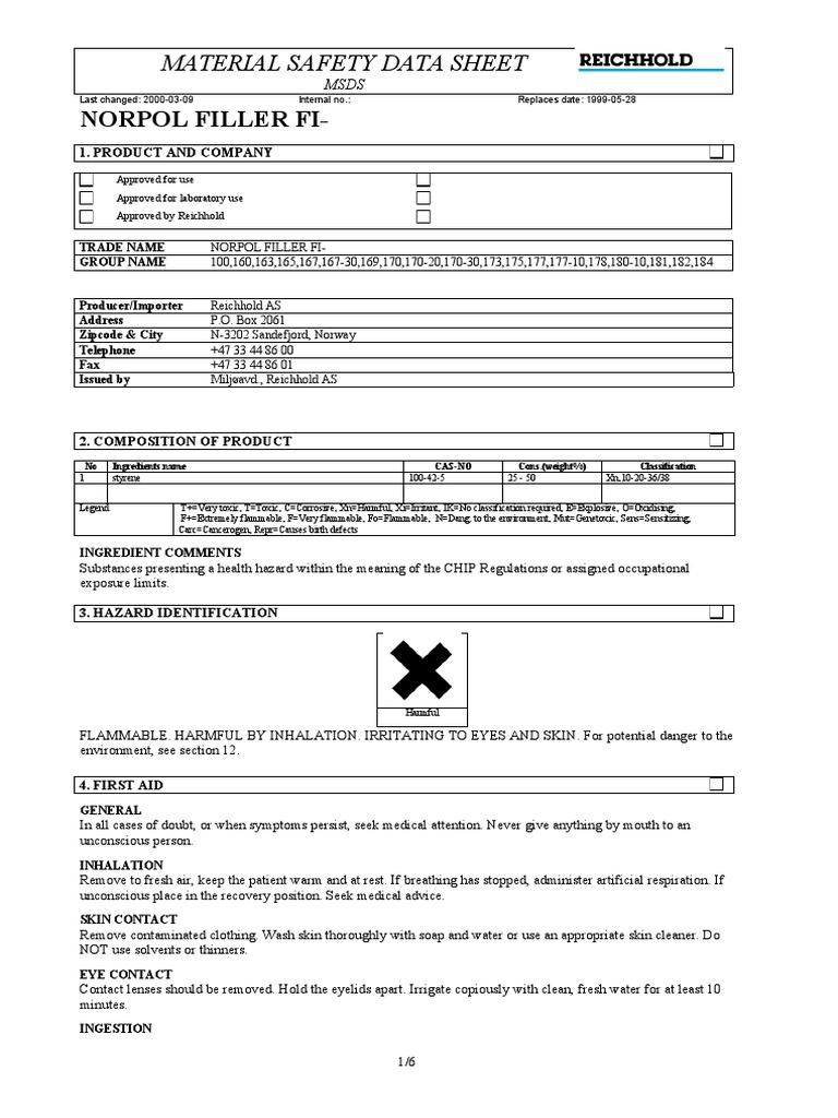 Norpol Filler FI- Material Safety Data Sheet | PDF | Chemistry ...