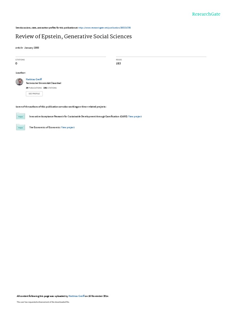 Review of Epstein, Generative Social Sciences: January 2008 | PDF | Agent Based Model | Rationality