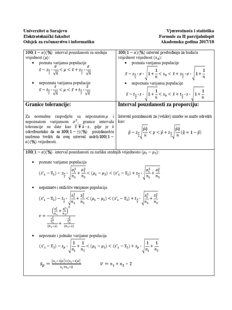 Formule Za II Parcijalni Ispit - VIS (2017-2018) | PDF