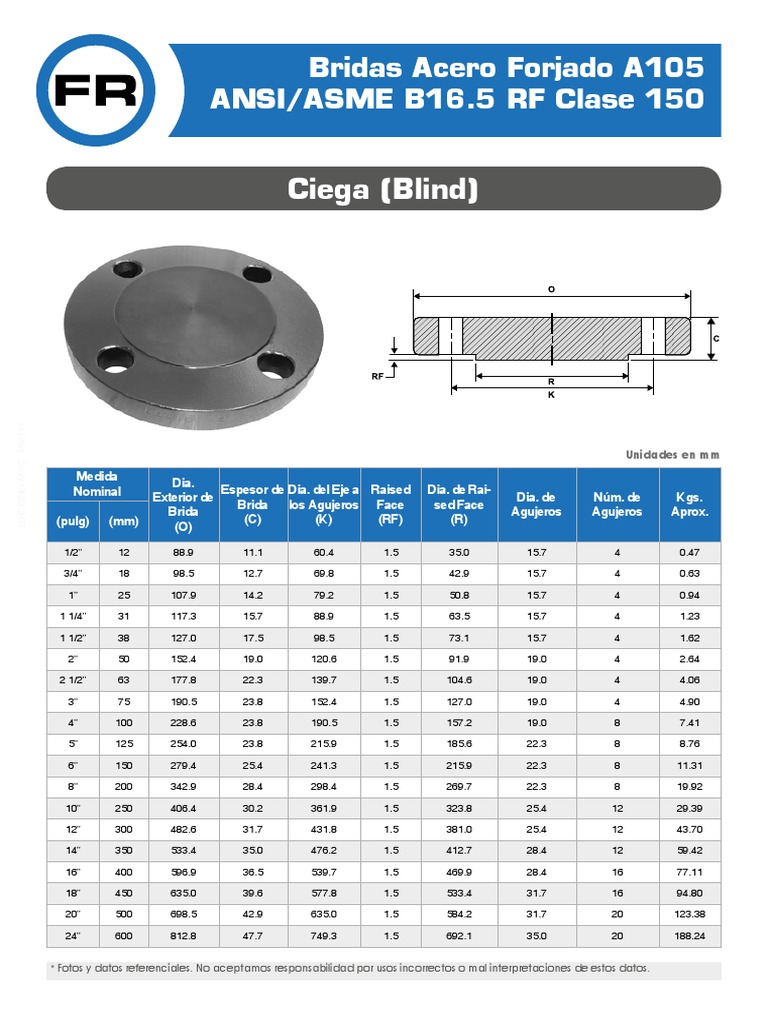 Brida Ciega A105 ANSI - ASME B16.5 RF Clase 150 Ficha Tecnica | PDF | Plomería | Ingeniería mecánica