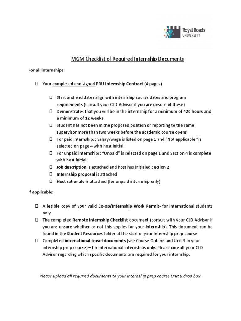MGM Internship Document Checklist PDF | PDF